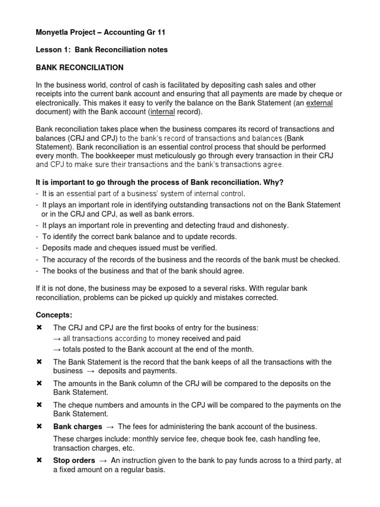 Grade 11 Bank Reconciliation Notes | PDF | Debits And Credits | Cheque