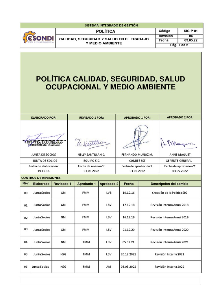 SIG-P-01 POLITÍCA INTEGRADA v6 | PDF | Seguridad y salud ocupacional
