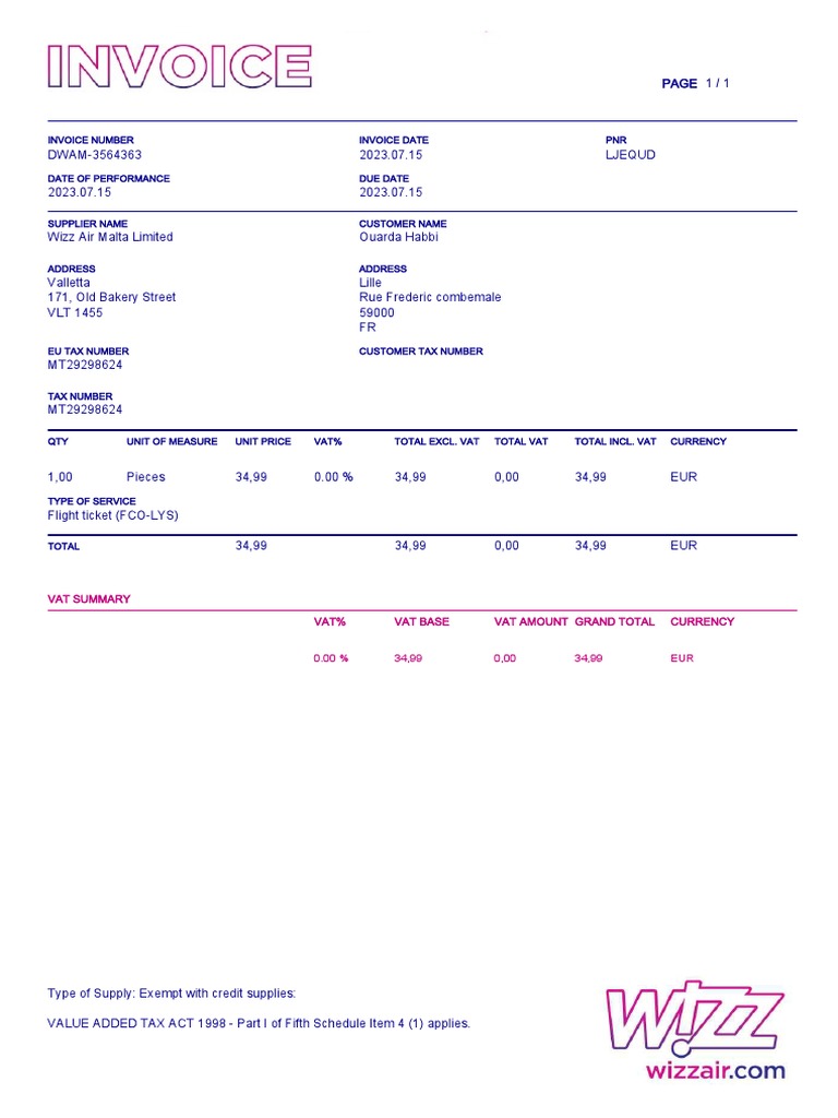 Wizz Air Invoice MT29298624 | PDF