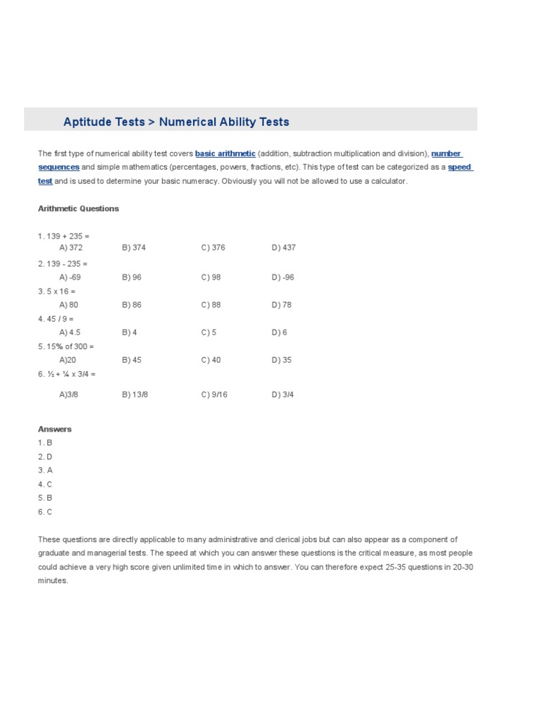 Aptitude Tests Numerical Ability Tests: Basic Arithmetic Number ...