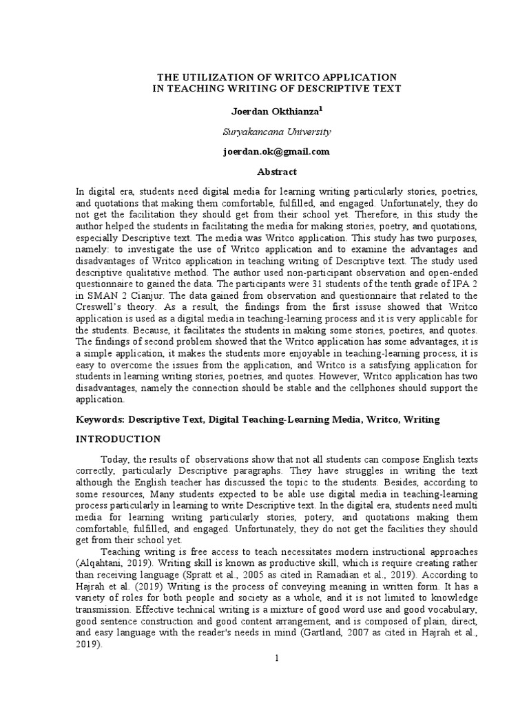 The Utilization of Writco Application in Teaching Writing of Descriptive Text | PDF | Career ...