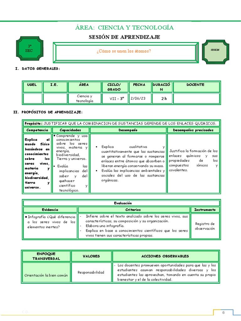 SESIÓN DE APRENDIZAJE - Enlace - Quimico | PDF | Enlace químico | Química