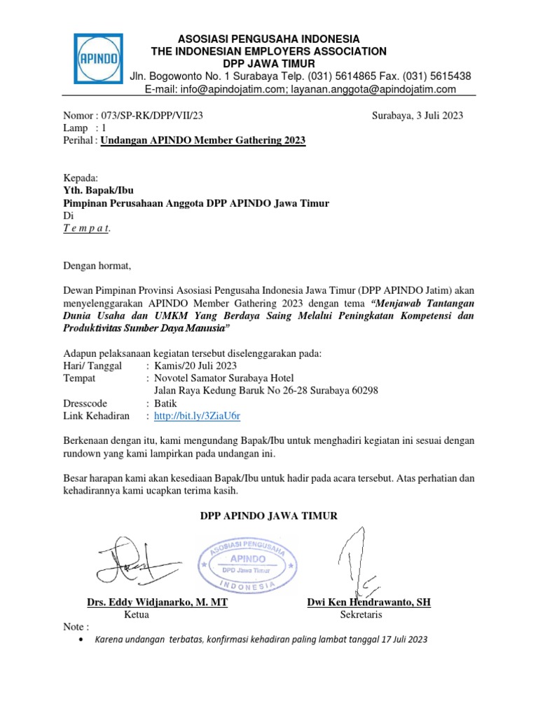 Surat Undangan Anggota APINDO Jatim - Member Gathering2023 - 3 | PDF