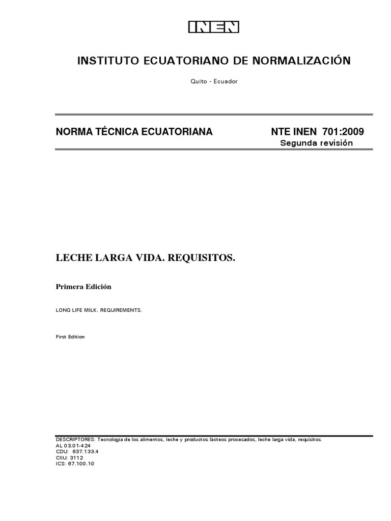 Nte Inen 701-2 | PDF | Leche | Esterilización (Microbiología)