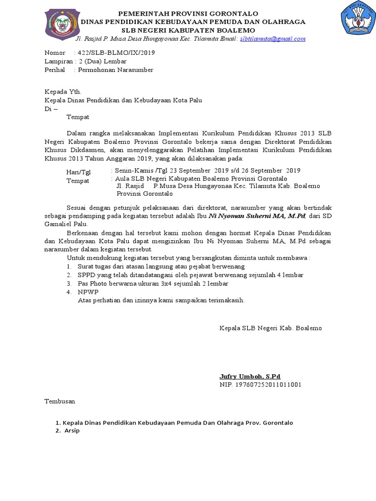 SURAT KE DINAS Pendidikan Dan Kebudayaan Kota Palu-1 | PDF