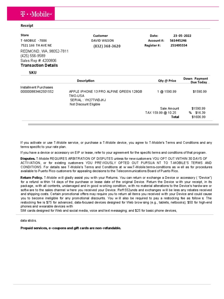 T Mobile Invoice | Download Free PDF | T Mobile Us | Receipt