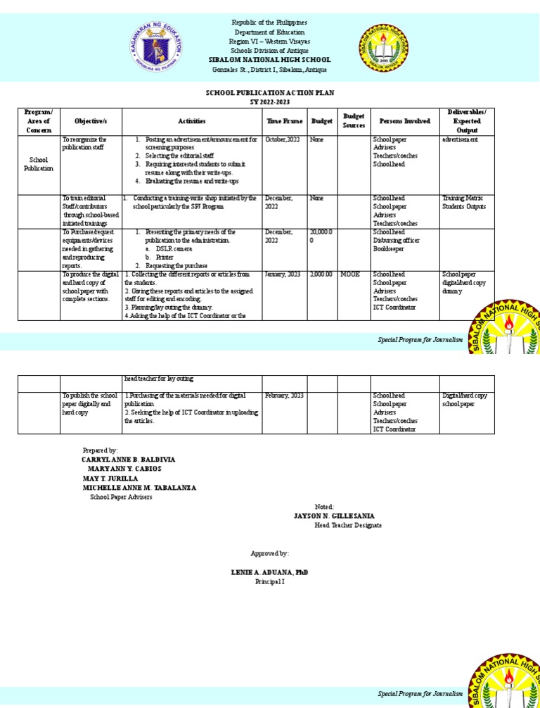 School Publication Action Plan 2022-2023 | PDF