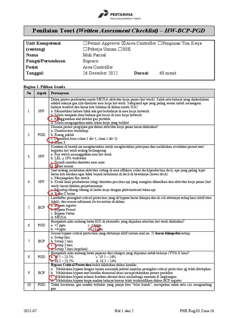Paris 2 Penilaian Teori Tertulis SWP - HW-BCP-PGD | PDF