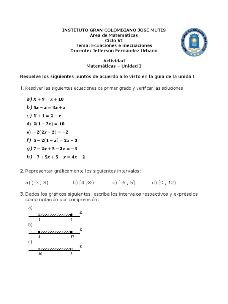 Actividad Unidad I Ecuaciones e Inecuaciones | PDF | Ecuaciones | Álgebra