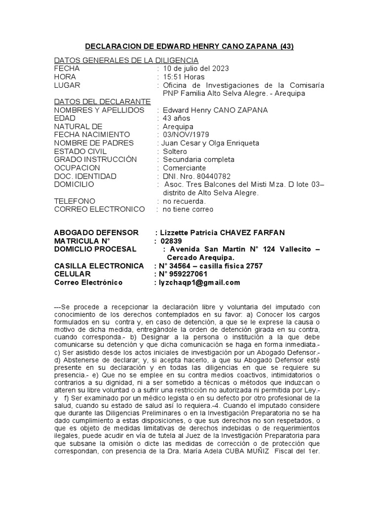 Declaracion de Edward Henry Cano Zapana | PDF | Gobierno | Justicia