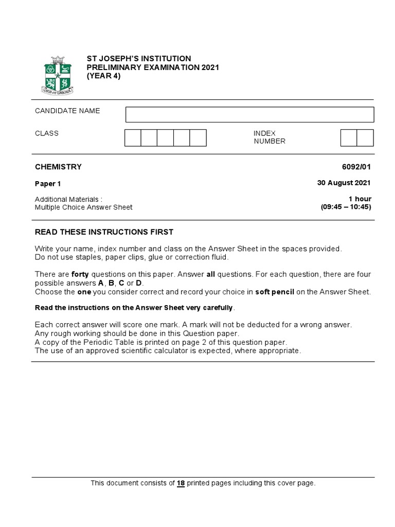 Chemistry Exam Paper 1 2021 | PDF | Nitrogen | Solubility