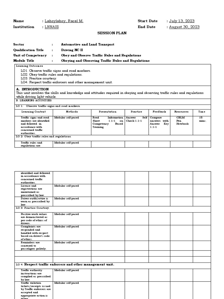 3 - Session Plan | PDF | Traffic | Learning