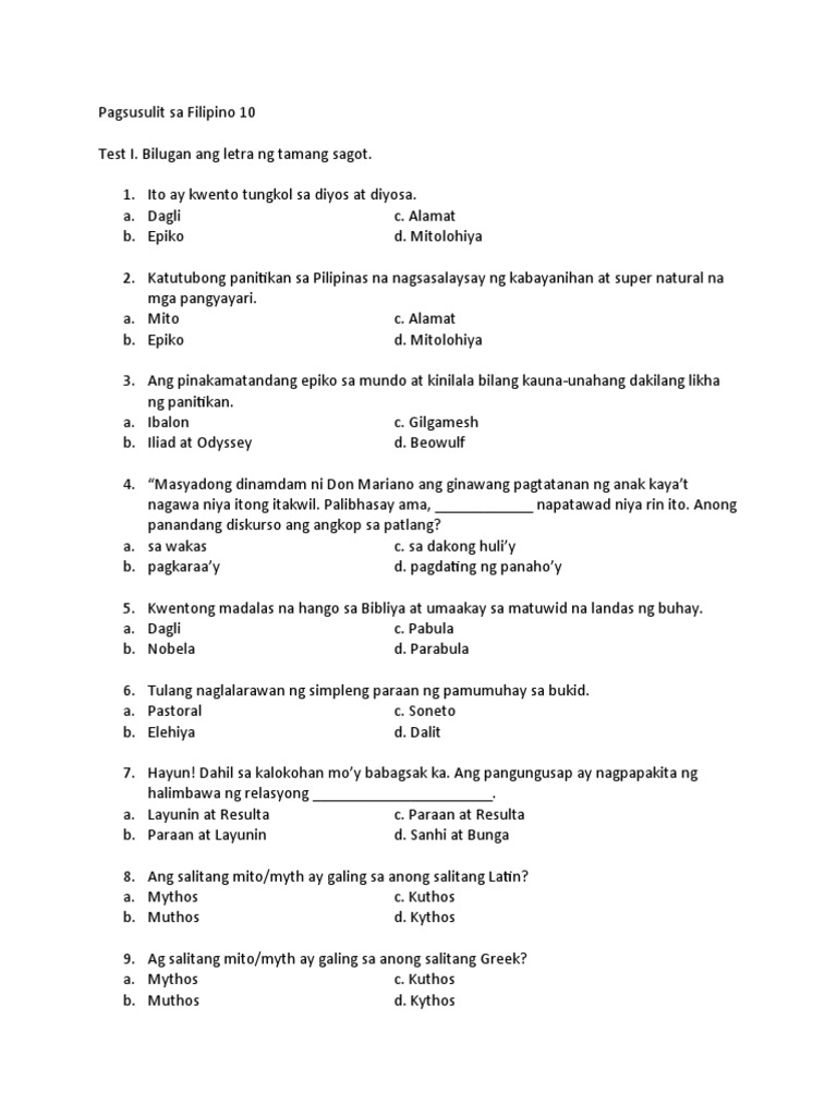 Pagsusulit sa Filipino 10 | PDF