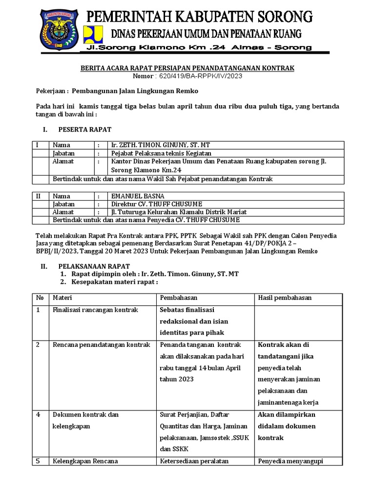 Berita Acara Rapat Persiapan Pelaksanaan Kontrak | PDF
