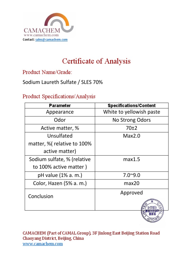 Camachem_Sodium_Laureth_Sulfate_or_SLES_70_COA_TDS | PDF