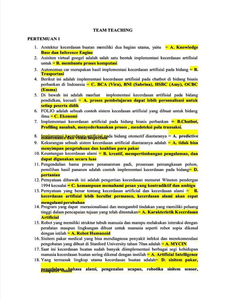 PDF Kumpulan Kuis Teamteaching Dari Pertemuan 1 Sampe Pertemuan 14 - Compress | PDF