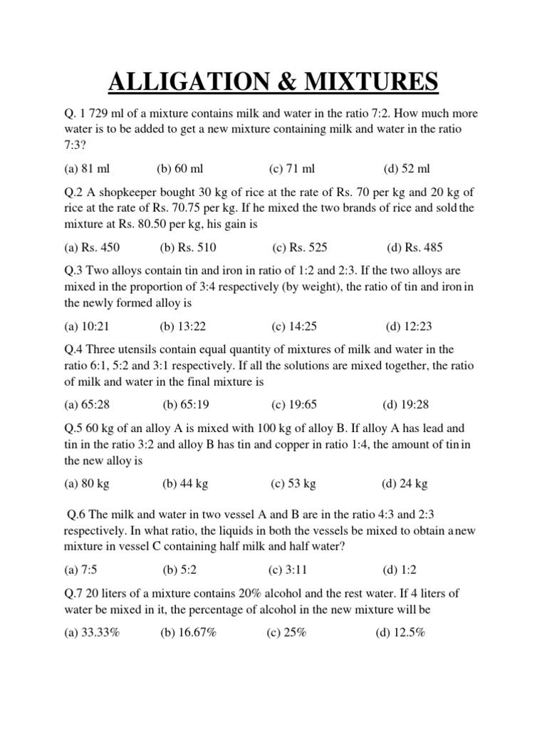 Alligation & Mixture Updated | PDF | Ratio | Litre