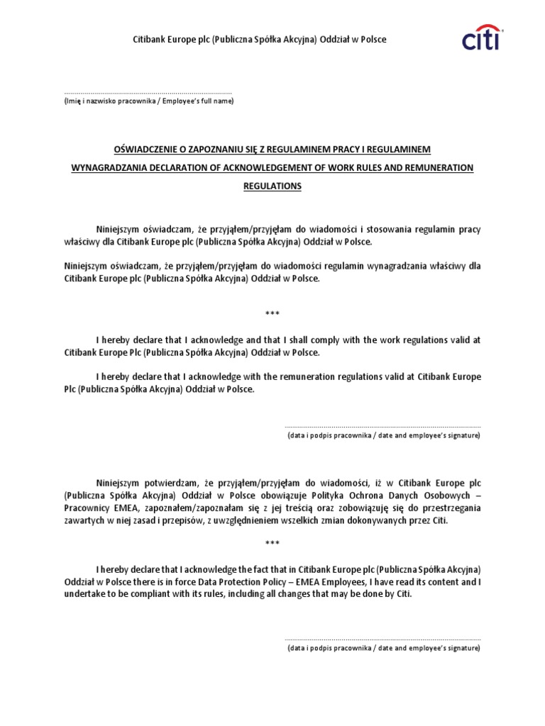 Declaration of Acknowledgement of Work Rules and Remuneration ...