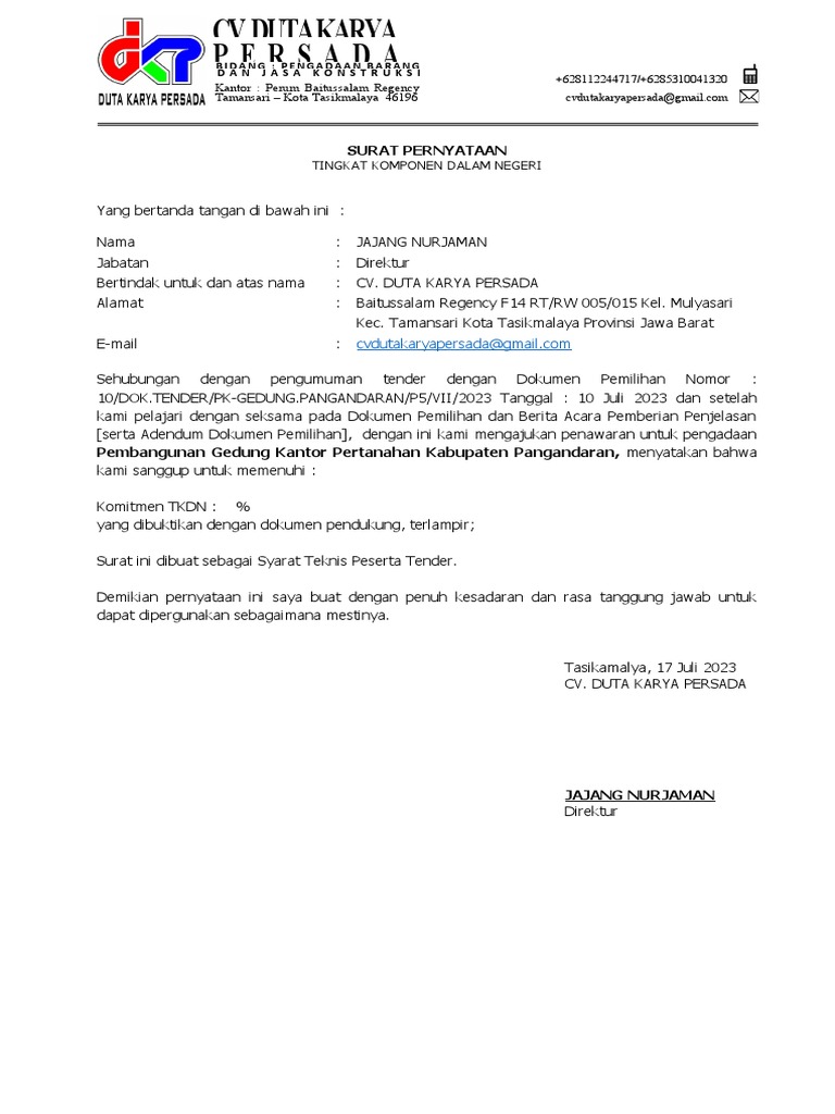 Surat Pernyataan TKDN | PDF