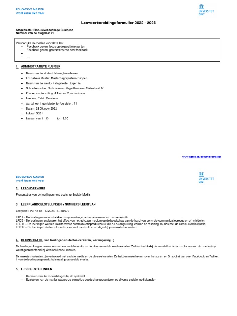 Lesvoorbereiding Stage A Les 01 Public Relations 281022 | PDF