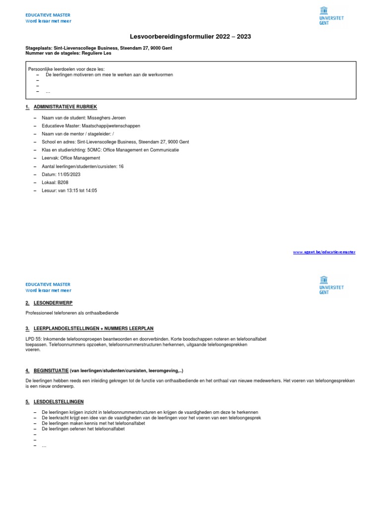 Lesvoorbereiding Stage A Les 07 Office Management 110523 | PDF