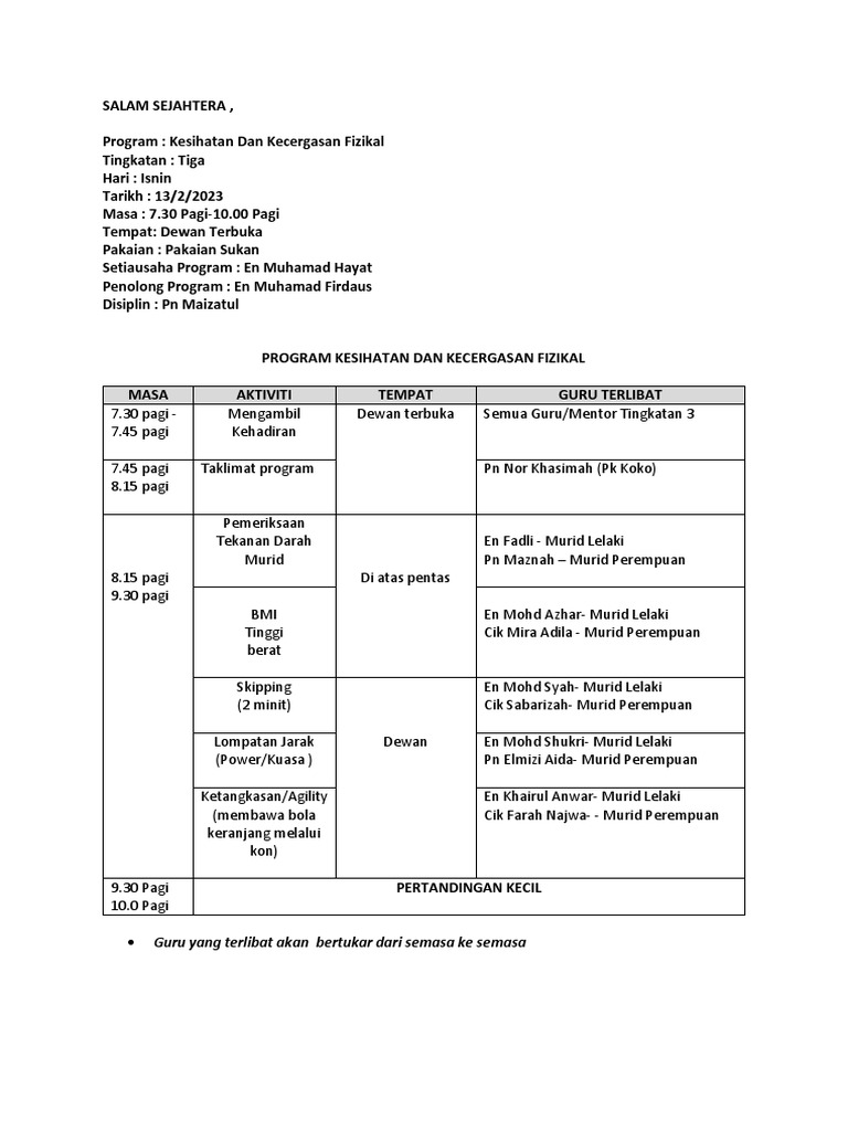 Program Kesihatan Dan Kecergasan Fizikal 2023 | PDF