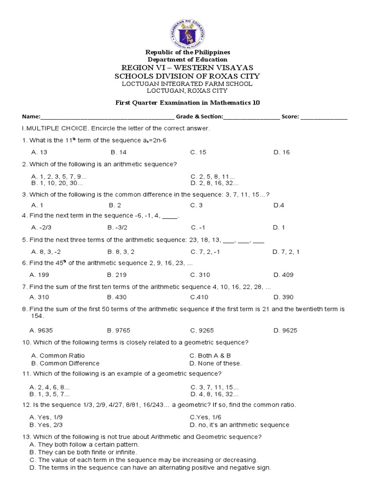 1ST Quarterly Exam in MATH 10 | PDF | Sequence | Mathematics