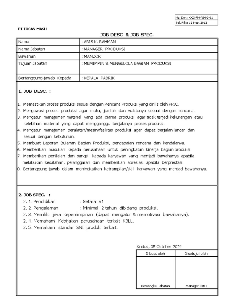 3. JOBDESC-Kepala Maintenance | PDF