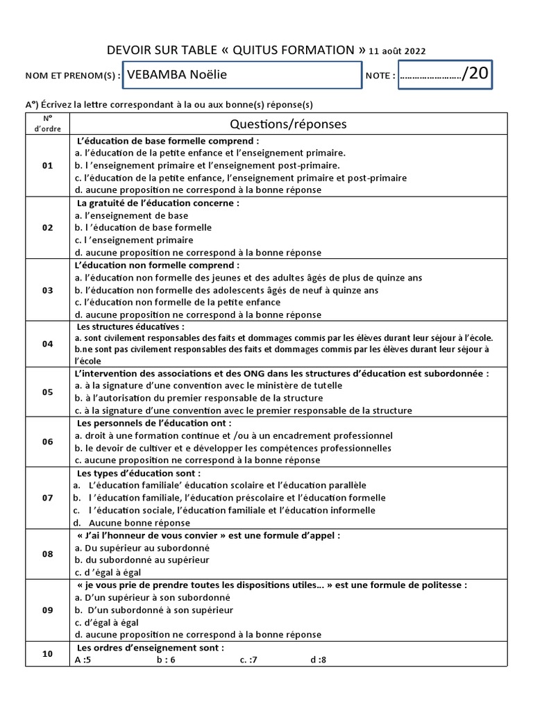 Devoir N°3 Examen A3 | PDF | Pédagogie | Cognition
