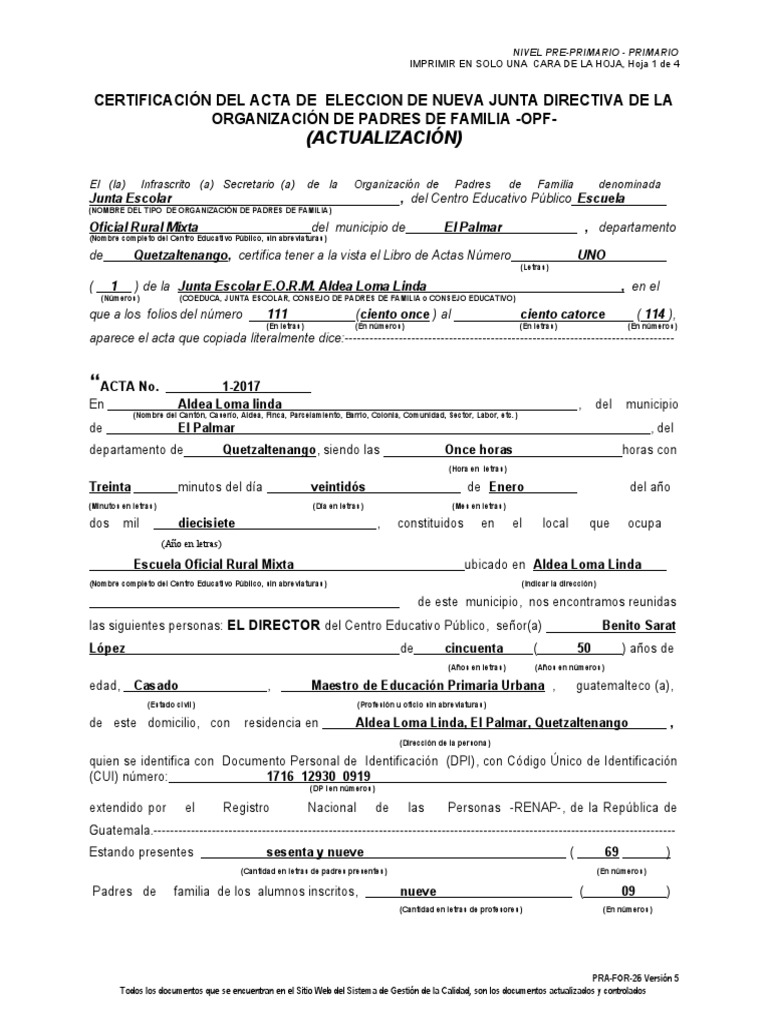 PRA-FOR-26 - Cert - Acta Actualización | PDF | Junta Directiva