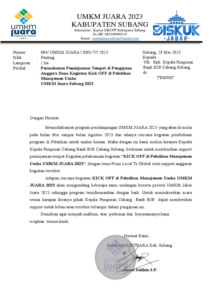 Surat Proposal Peminjaman Tempat Dan Bantuan Dana Bank BJB Subang | PDF