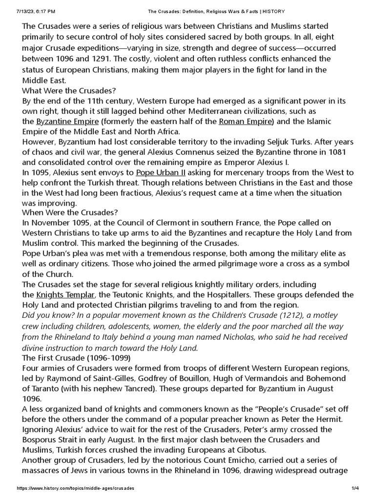 The Crusades - Definition, Religious Wars & Facts - HISTORY | PDF ...