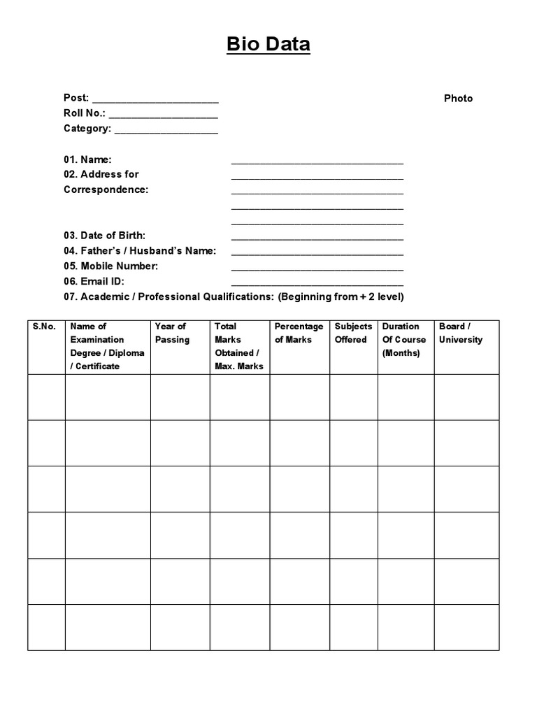 KVS Biodata Format | PDF
