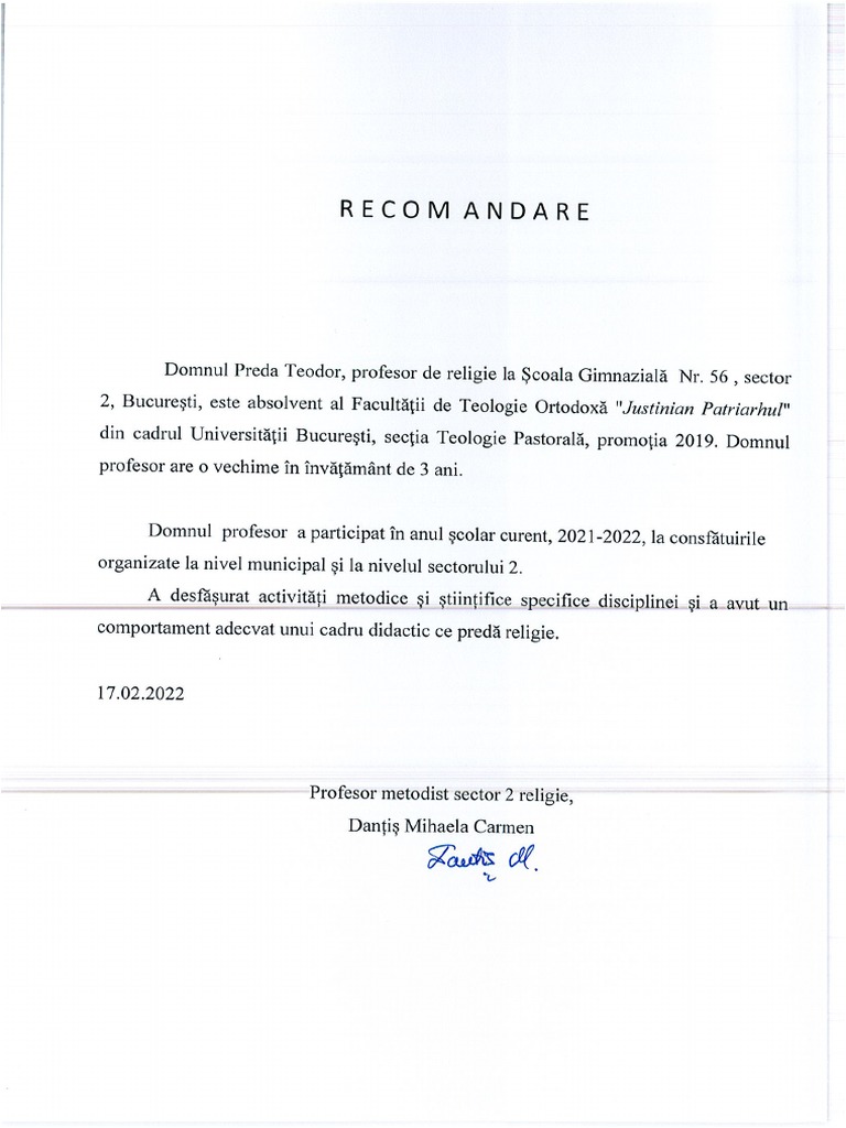 Preda Teodor - Recomandare Metodist | PDF