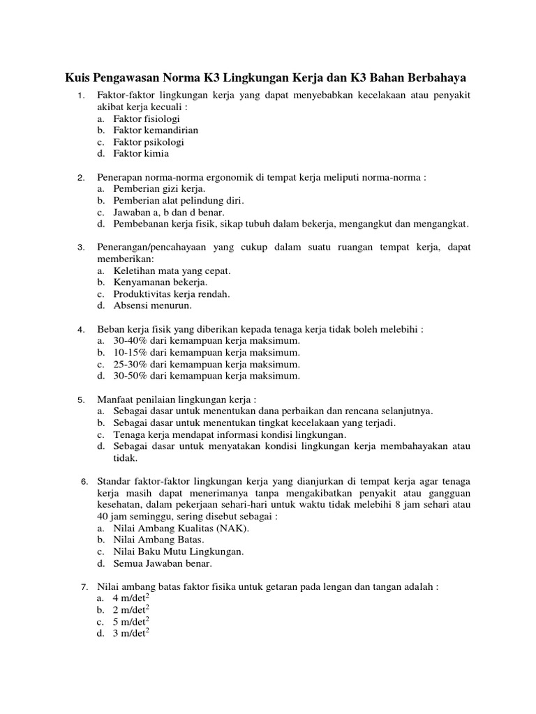 Kuis K3 Lingkungan Kerja Dan K3 Bahan Berbahaya | PDF | Teknologi & Rekayasa