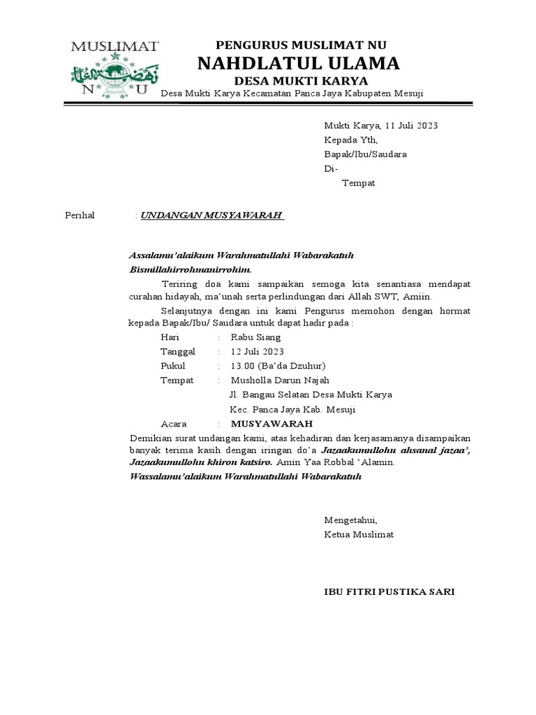 UNDANGAN MUSLIMAT NU MUKTI KARYA | PDF
