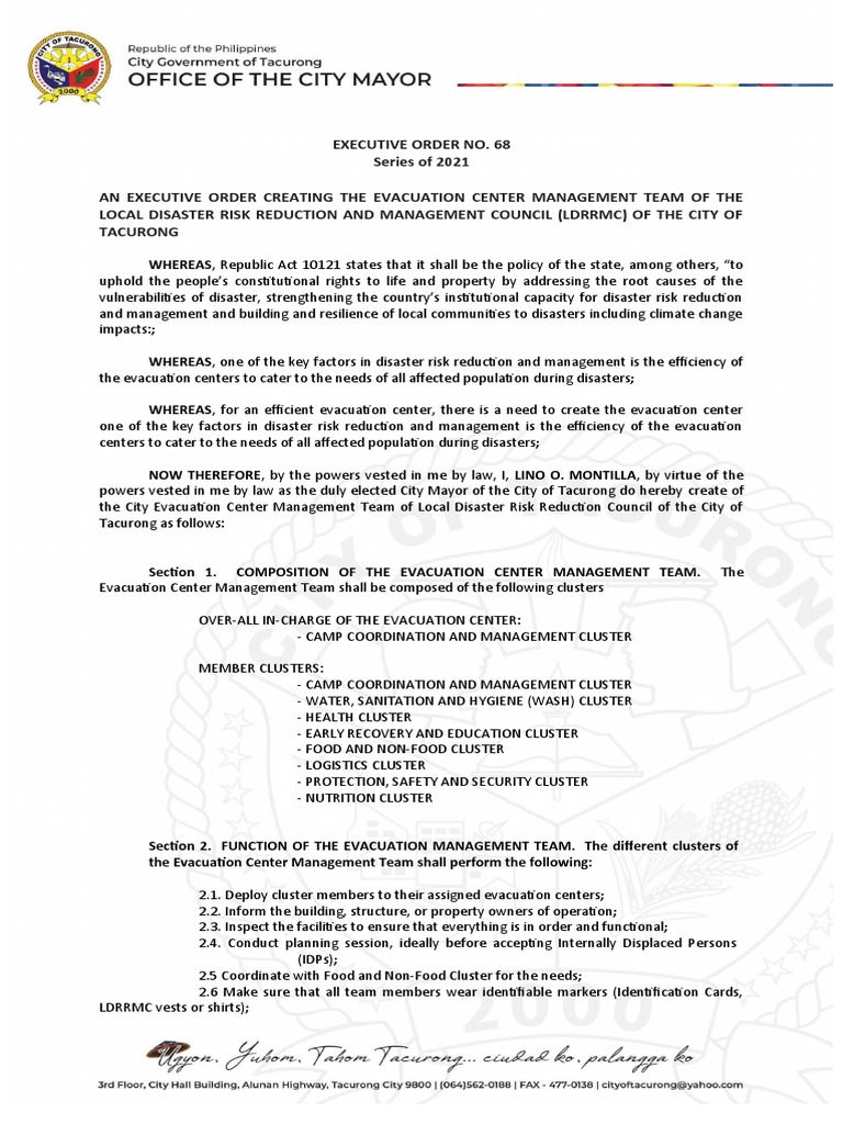 Executive Order Creating The Evacuation Center Management Team of The ...