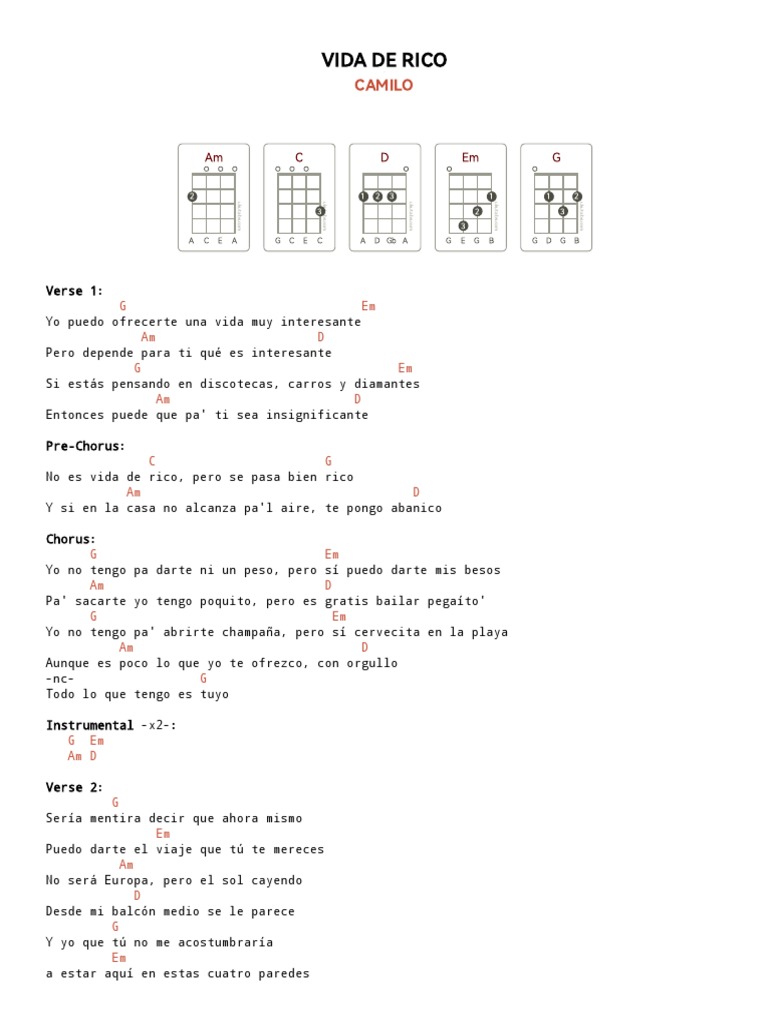 VIDA DE RICO - Ukulele Tabs Por Camilo en UkuTabs | PDF | Música grabada