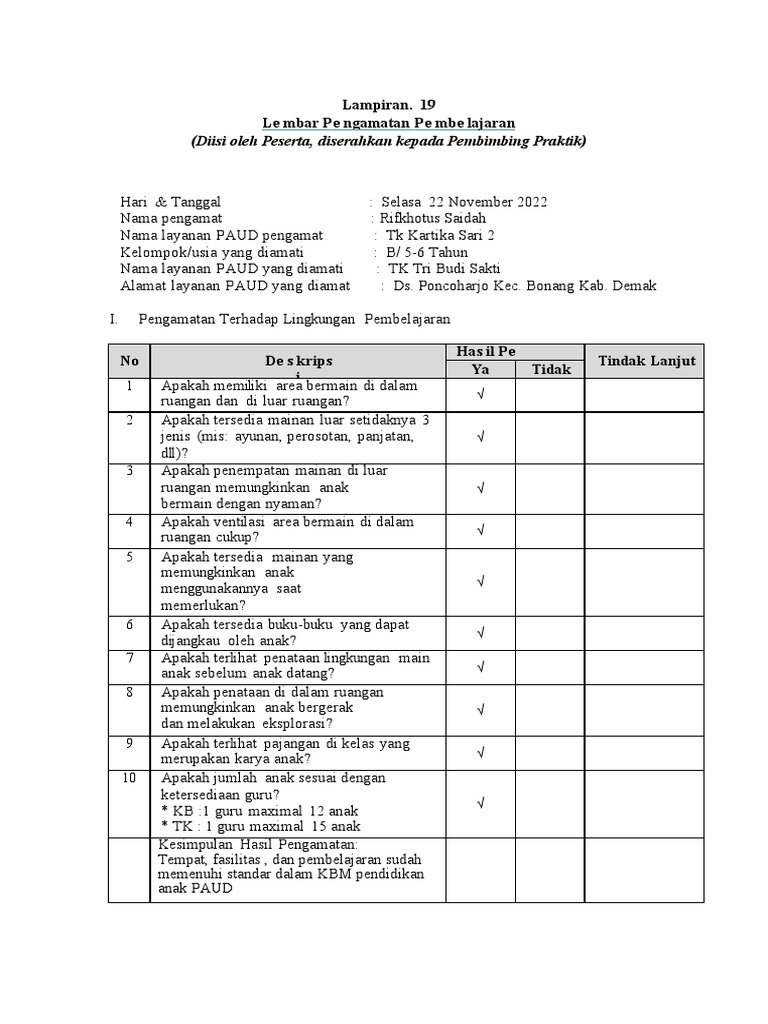 Lampiran - Lembar Pengamatan Pembelajaran | PDF