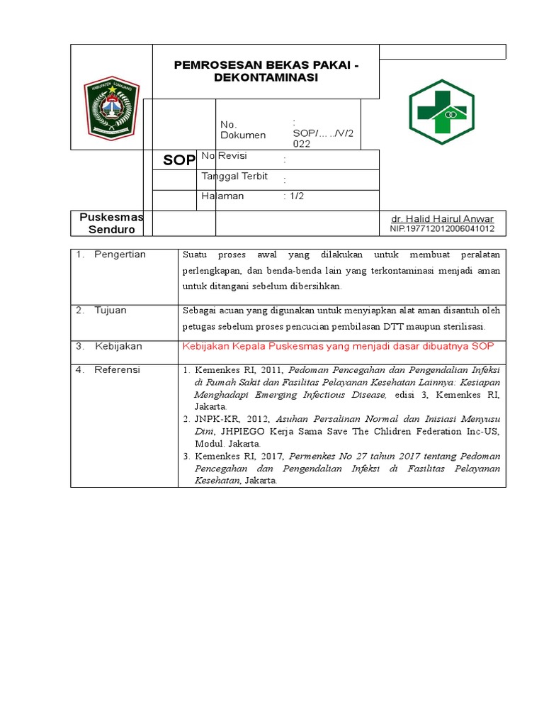 SOP - Pemrosesan Bekas Pakai - Dekontaminasi | PDF