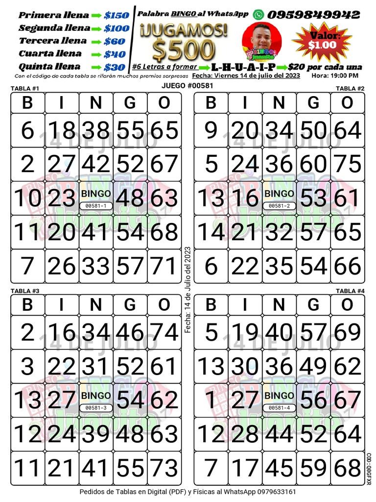 Tablas de Bingo para el 14/07/2023 | PDF