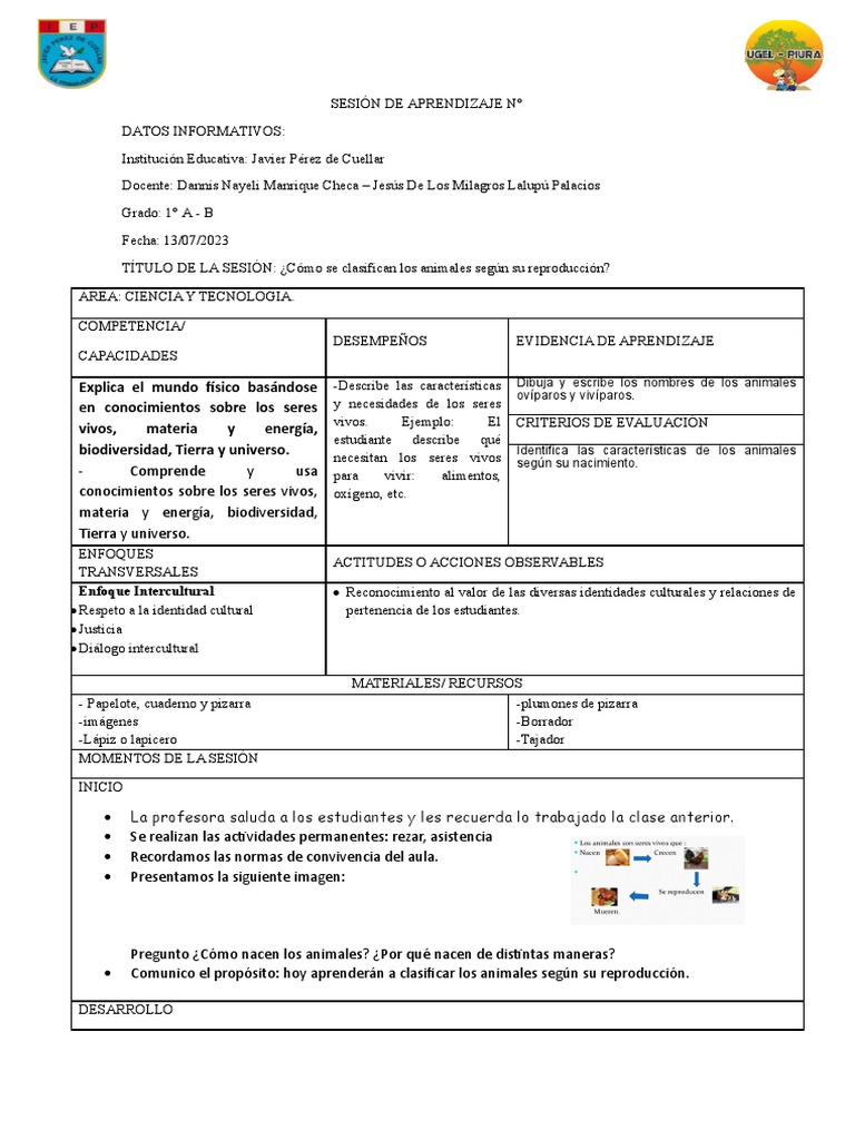 Sesión de Aprendizaje Los Animales Segun Su Clasificacion | PDF | Reproducción | Aprendizaje