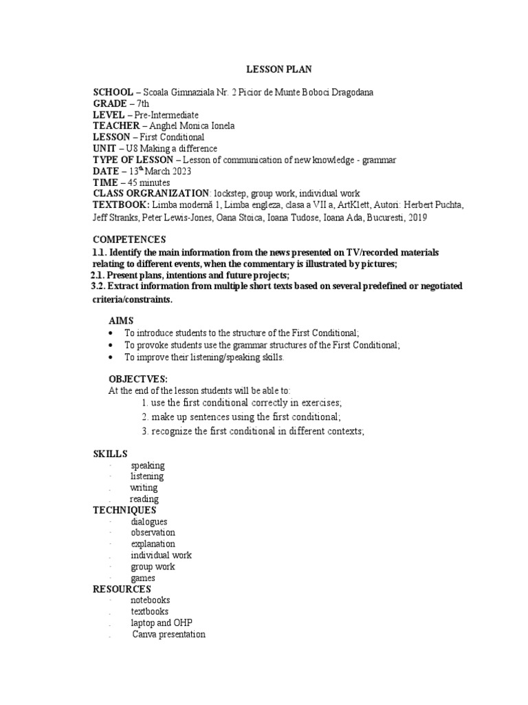 Lesson Plan 7th Grade-First Conditional | PDF | Sentence (Linguistics ...
