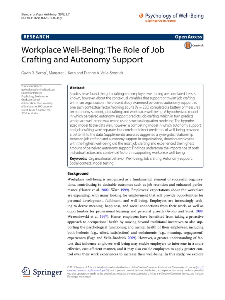 Workplace Well Being The Role of Job Crafting and Autonomy Support ...