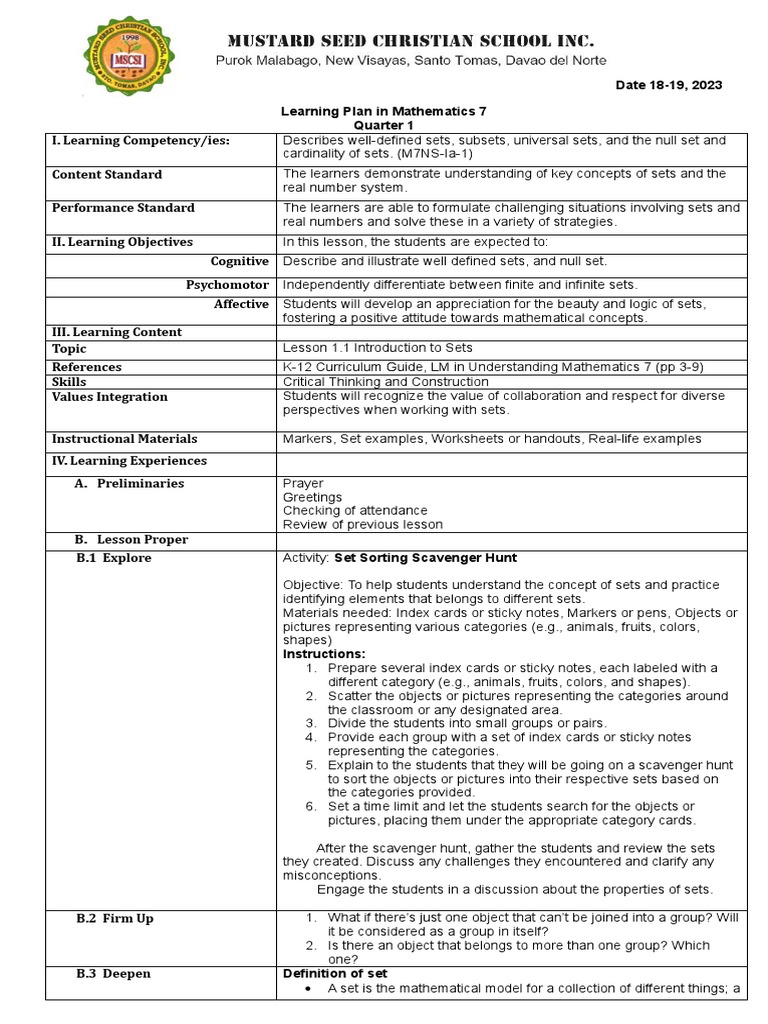 Grade 7 Mathematics: Sets Lesson Plan | PDF | Set (Mathematics ...