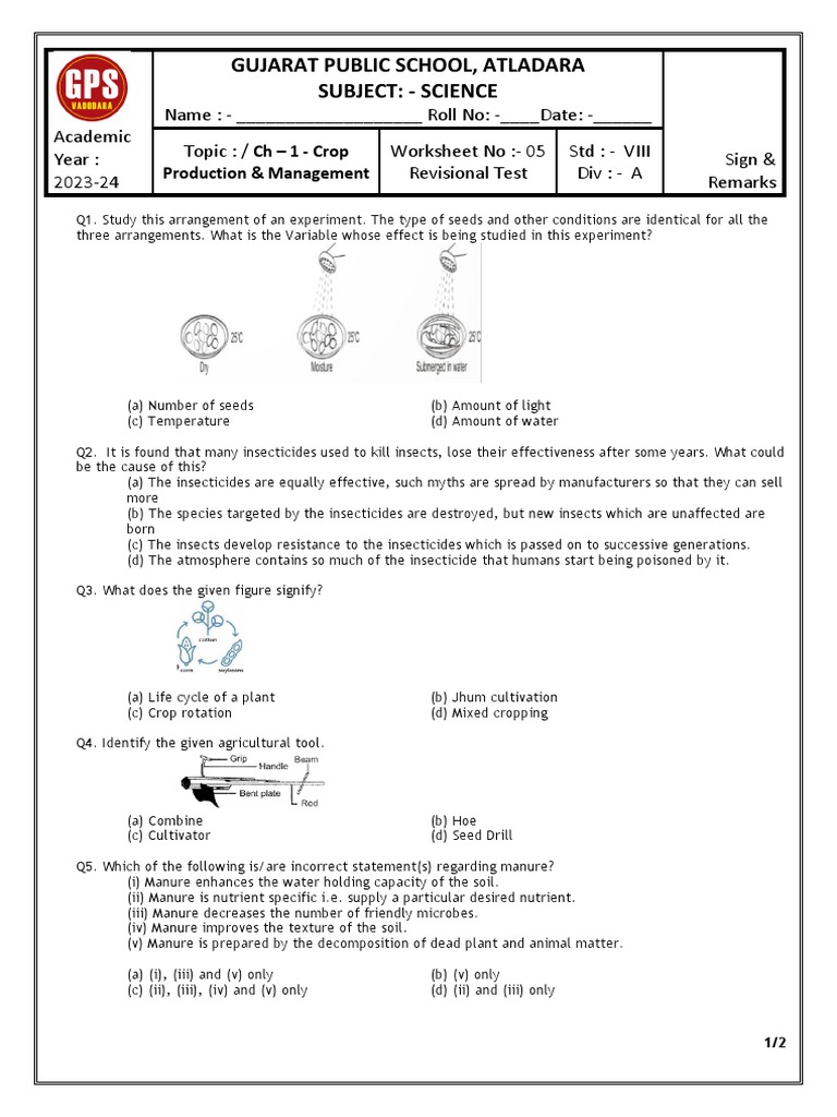STD VIII - Science Worksheet - Chapter 1 - Crop Production & Management ...