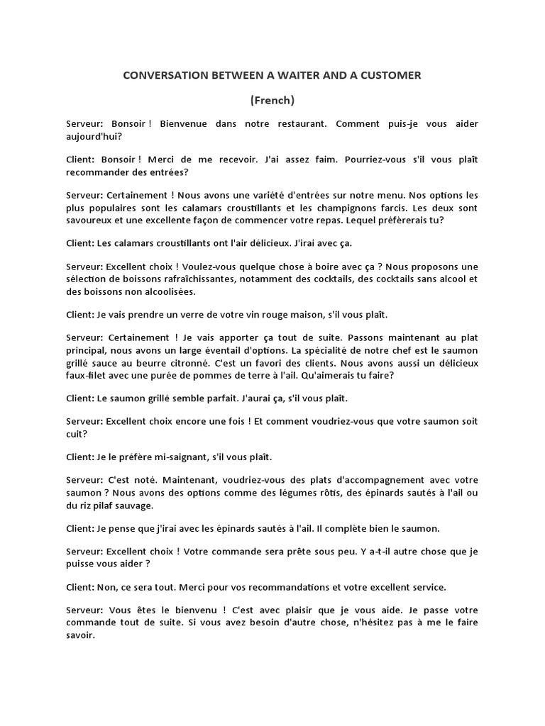 Dialogue Serveur-Client au Restaurant | PDF