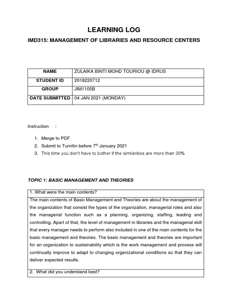 ZULAIKA BINTI MOHD TOURIOU at IDRUS LEARNING LOG | PDF | Libraries | Customer Relationship ...