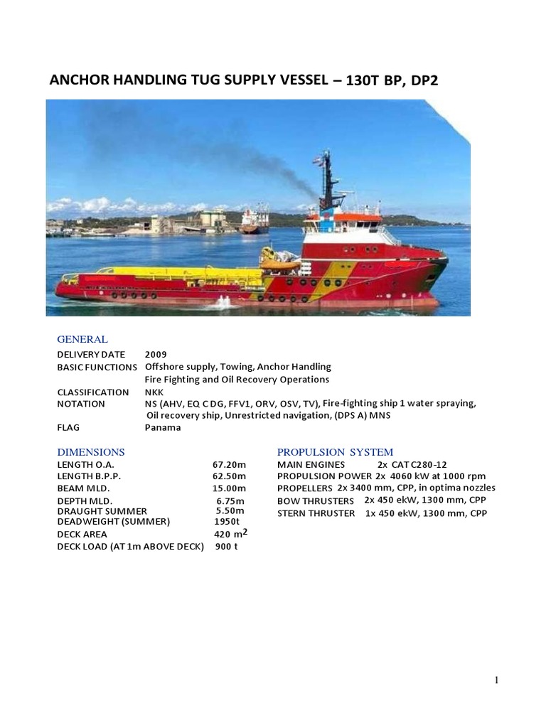 Ahts 130tn BP, Dp2 Spec Sheet | PDF | Ships | Anchor