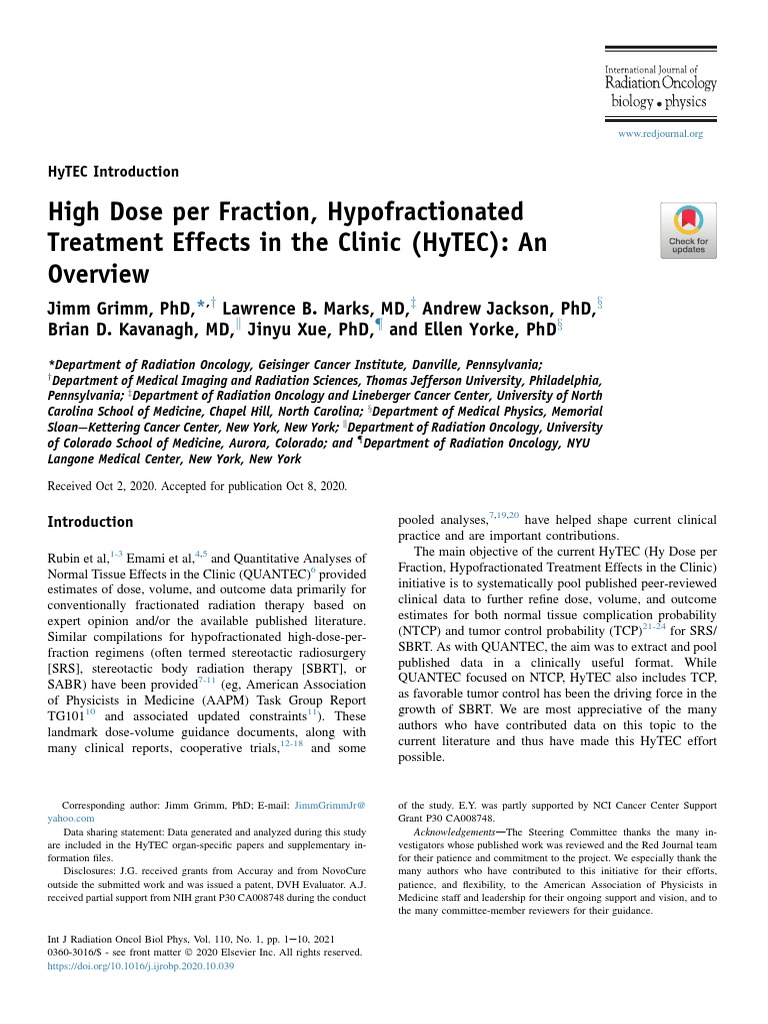 High Dose Per Fraction, Hypofractionated Treatment Effects in The Clinic (HyTEC) - An Overview ...